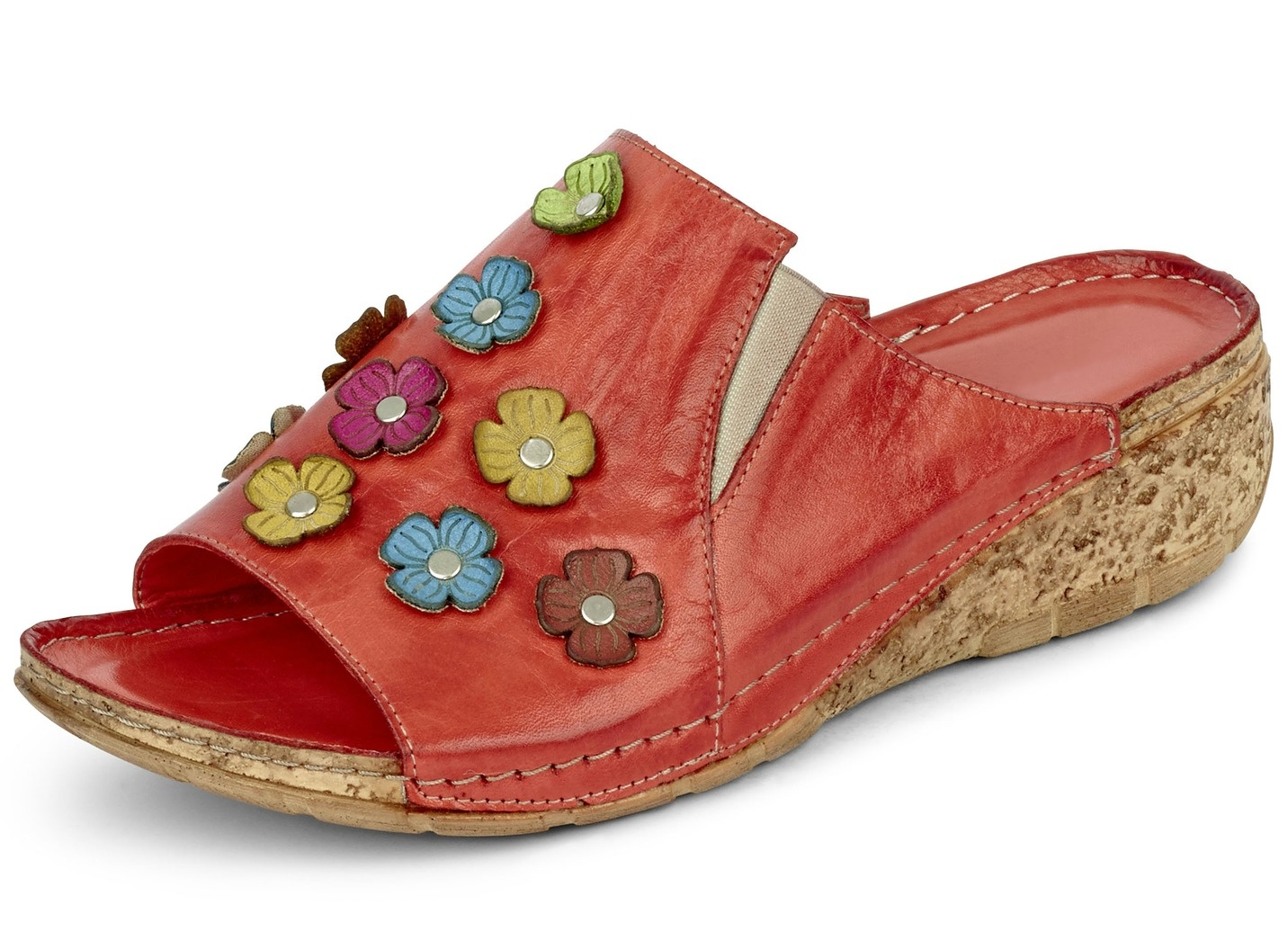 Gemini Pantolette mit bunten Lederblüten - ROT