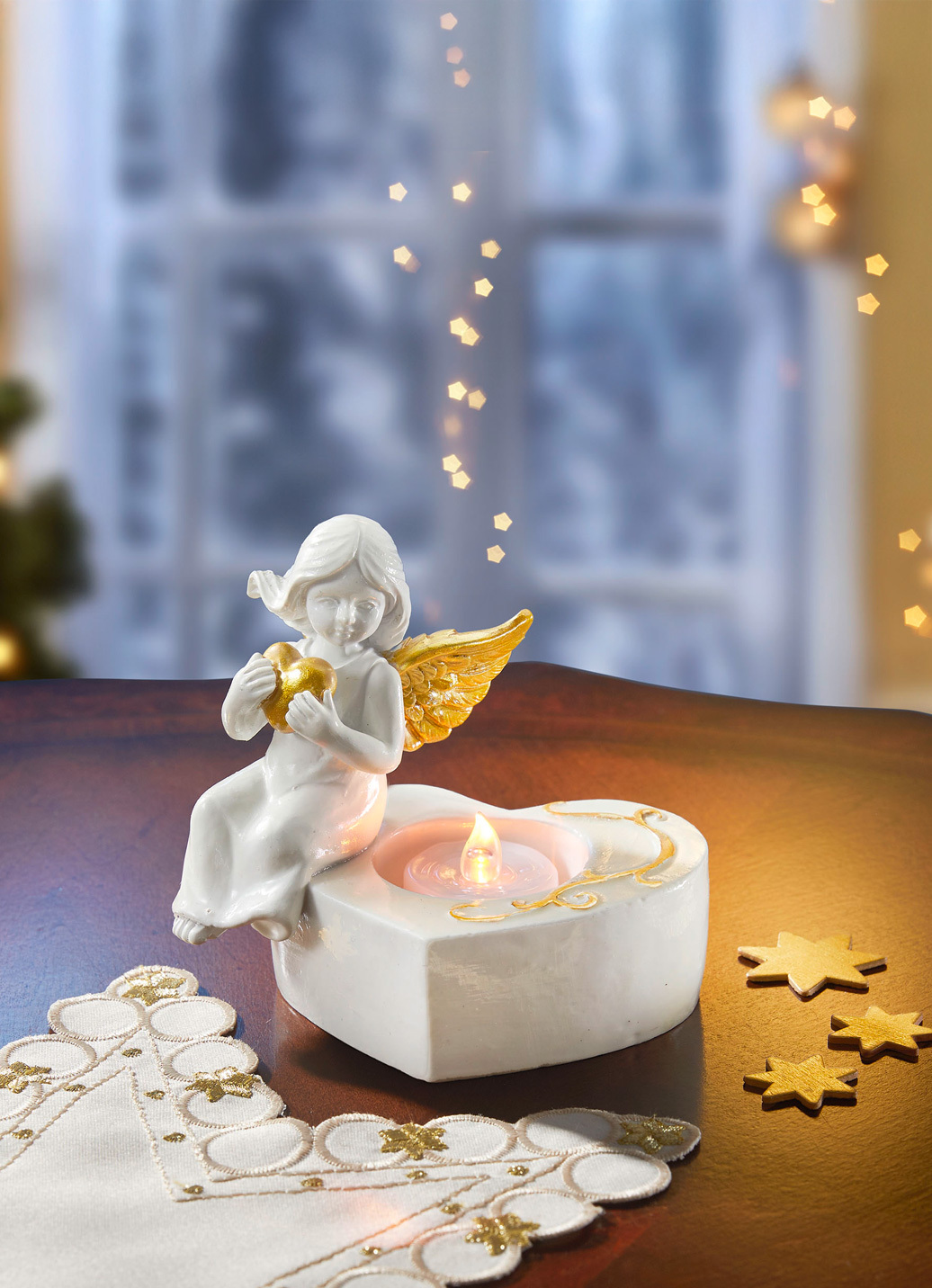 Teelichthalter mit Engel - WEISS-GOLD